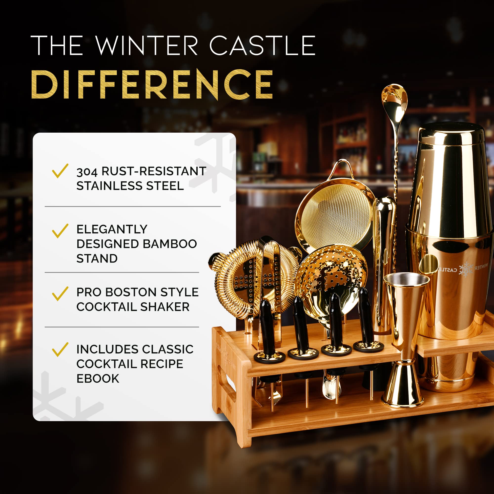 Cocktail Shaker Set 18 Piece, Mixology Equipment, All-in-One Cocktail Set, Drink Shaker, Strainers and Essential Bar Tools, Bar Set for Beginner & Professional Use, Gold - WinterCastle Enterprises