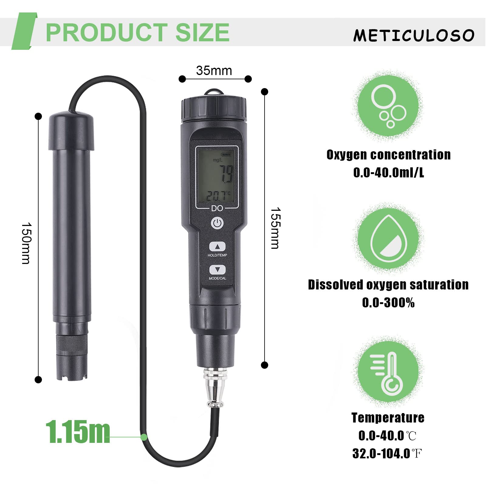 Meticuloso Portable Dissolved Oxygen Meter, DO Range:0-40.00 mg/L, Temperature Compensation: 0-40℃, with Backlight(Not Include Electrolyte Solution)