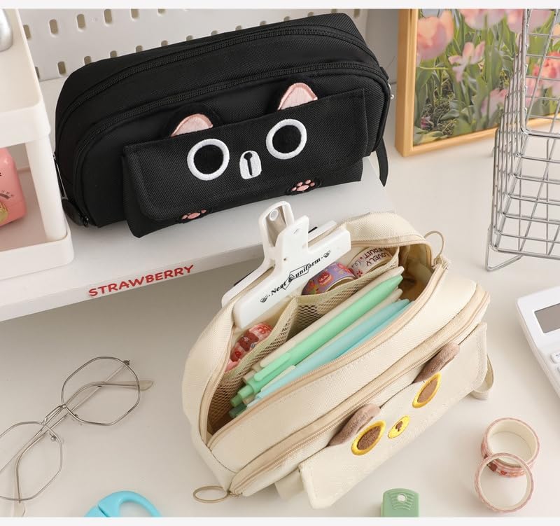 NIORYUZ 2024 Kitty Cat Pencil/Pen Pouch 4-Layers Extra Capacity Cosmetic Organizer Pen Brush Holder Mesh Pockets (4 Layers - Black)