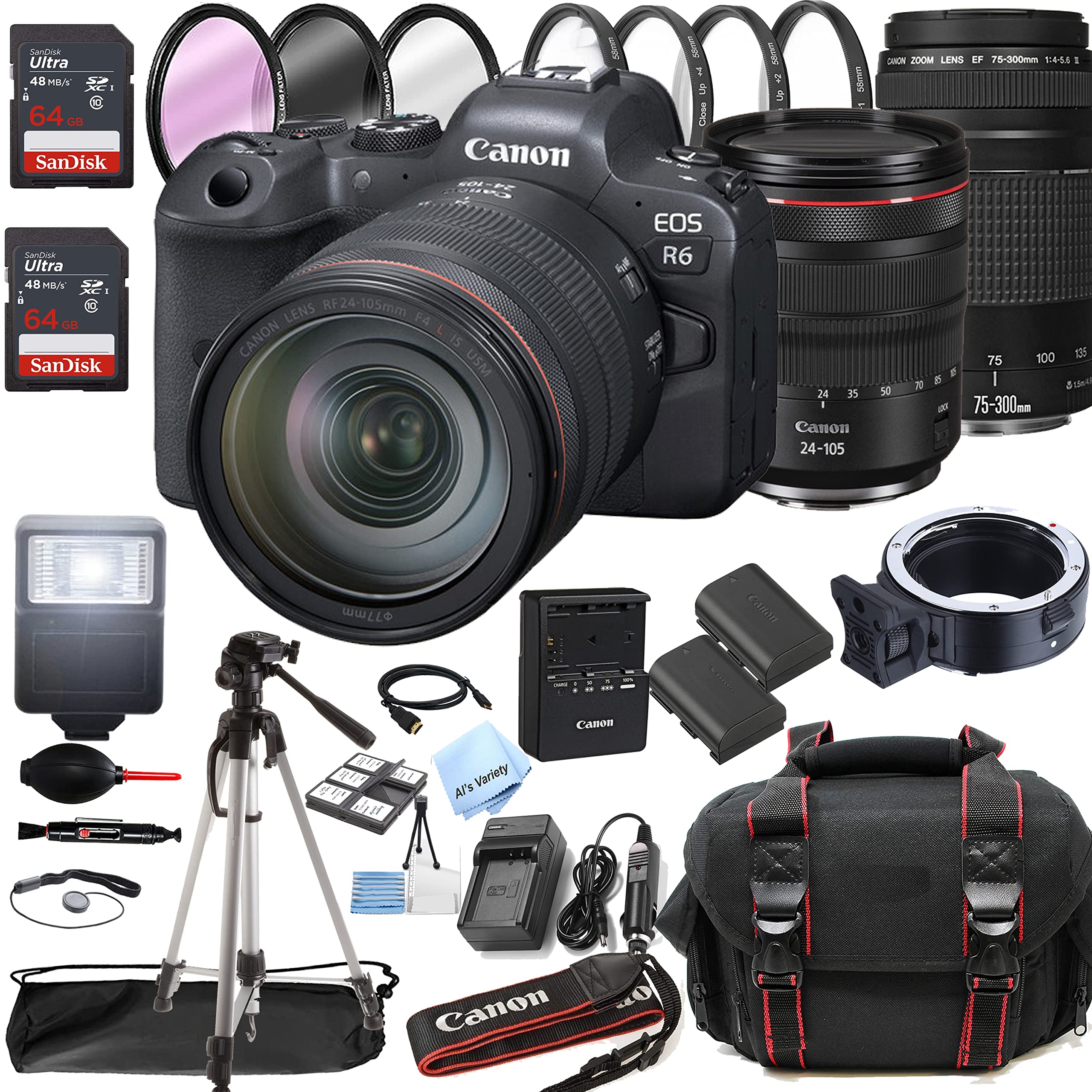 Canon EOS R6 Mirrorless Digital Camera with RF 24-105mm f/4 L is USM Lens + 75-300mm F/4-5.6 III Lens + 128GB Memory + Case + Tripod + Filters (41pc Bundle)