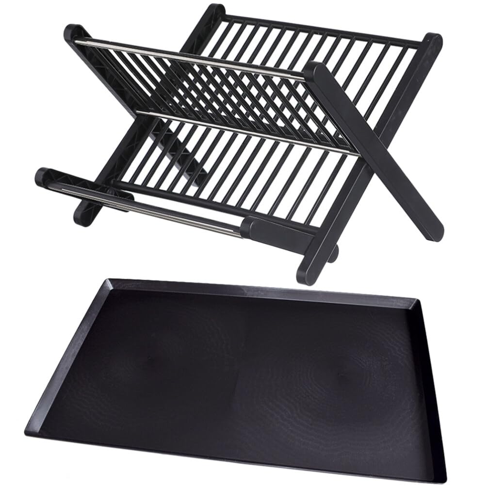 DOITOOL Stainless Steel Dish Drying Rack for Kitchen Counter: 2-Tier Dish Drainer Kitchen Plate Rack with Drainboard - Foldable and Compact for Space-Saving Storage, Black