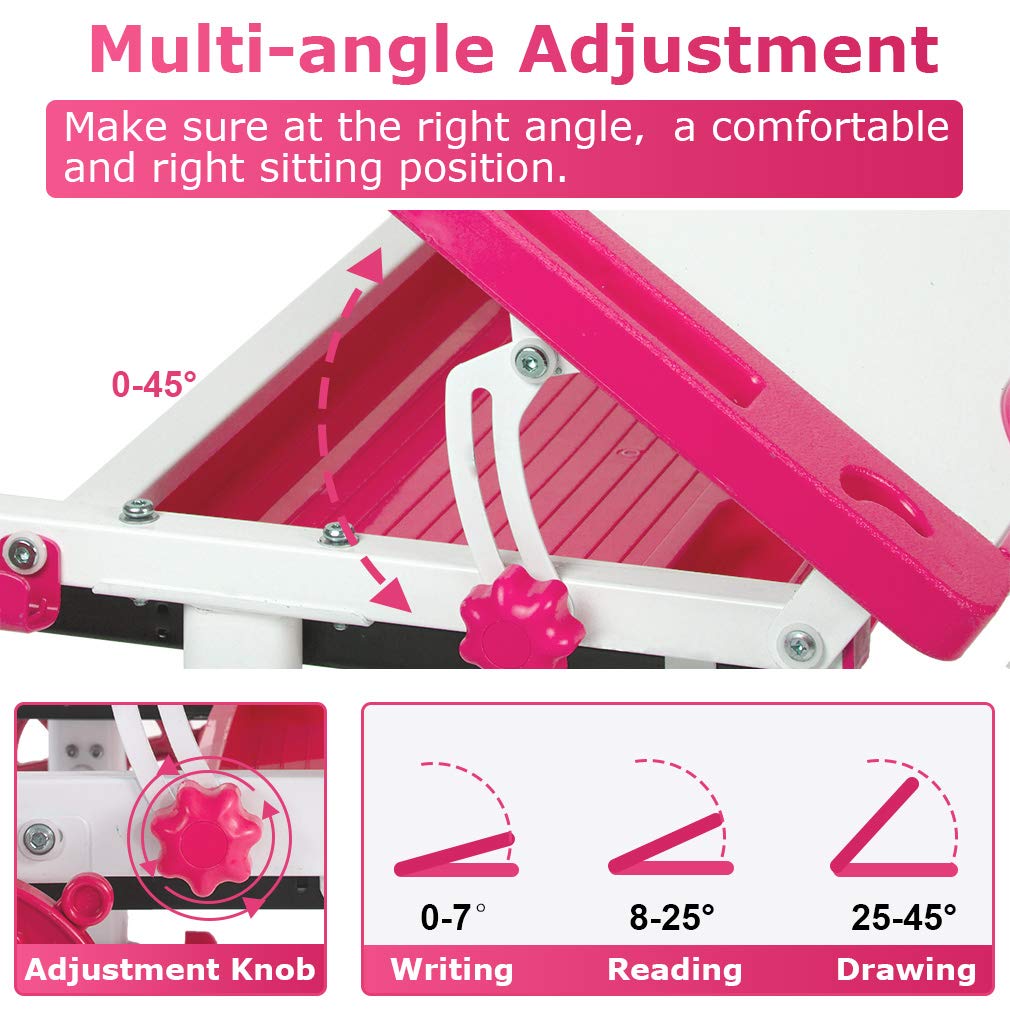 FDW Kids Desk Children Writing Student Desk Drafting Table Height Adjustable Study Table and Chair with Drawers Storage,Pink