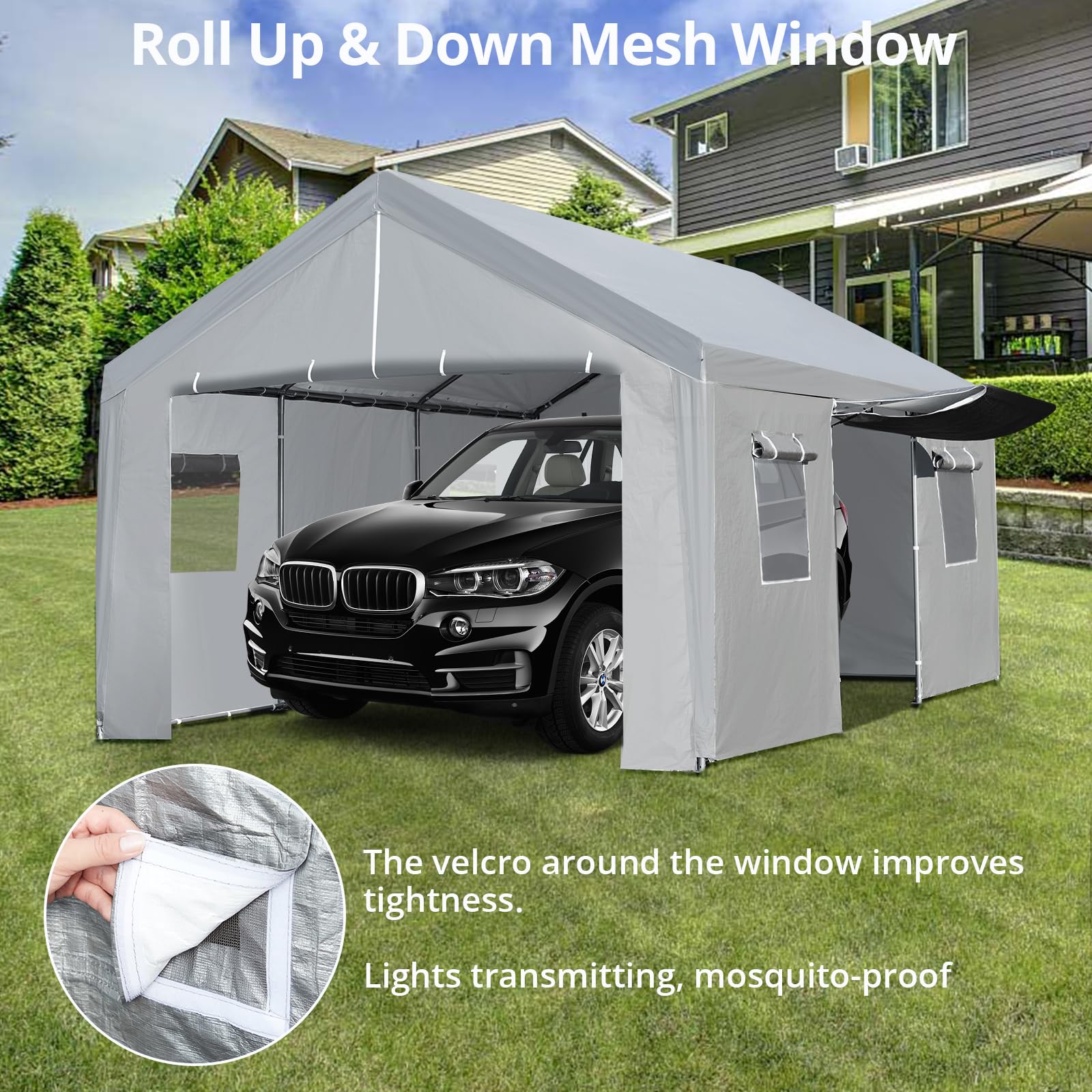 Carport Canopy 10x20 Heavy Duty, Car Tent with Sidewalls & Doors Removable & Roll-up and Down mesh Windows, Portable Garage All Weather, Car Canopy for SUV & Boats & Truck, Gray