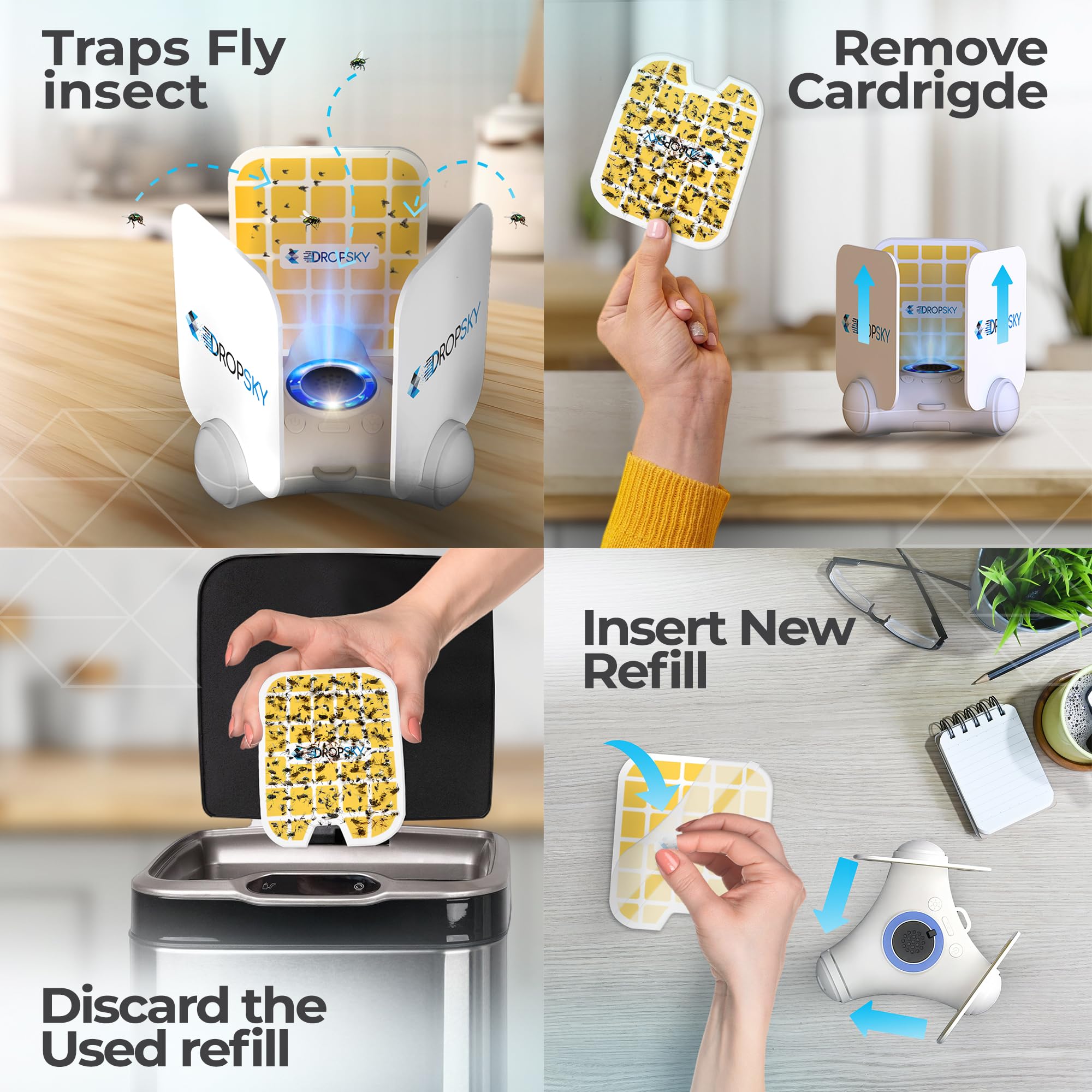 Dropsky 360 Portable Flying Insect Trap, Gnat Traps for House Indoor & Outdoor- Higher Coverage Blue Light Fly Trap- Get Rid of Flies- Safe for Pets & Kids- 2 Traps + 6 Glue Cards+ USB+Cable Charger