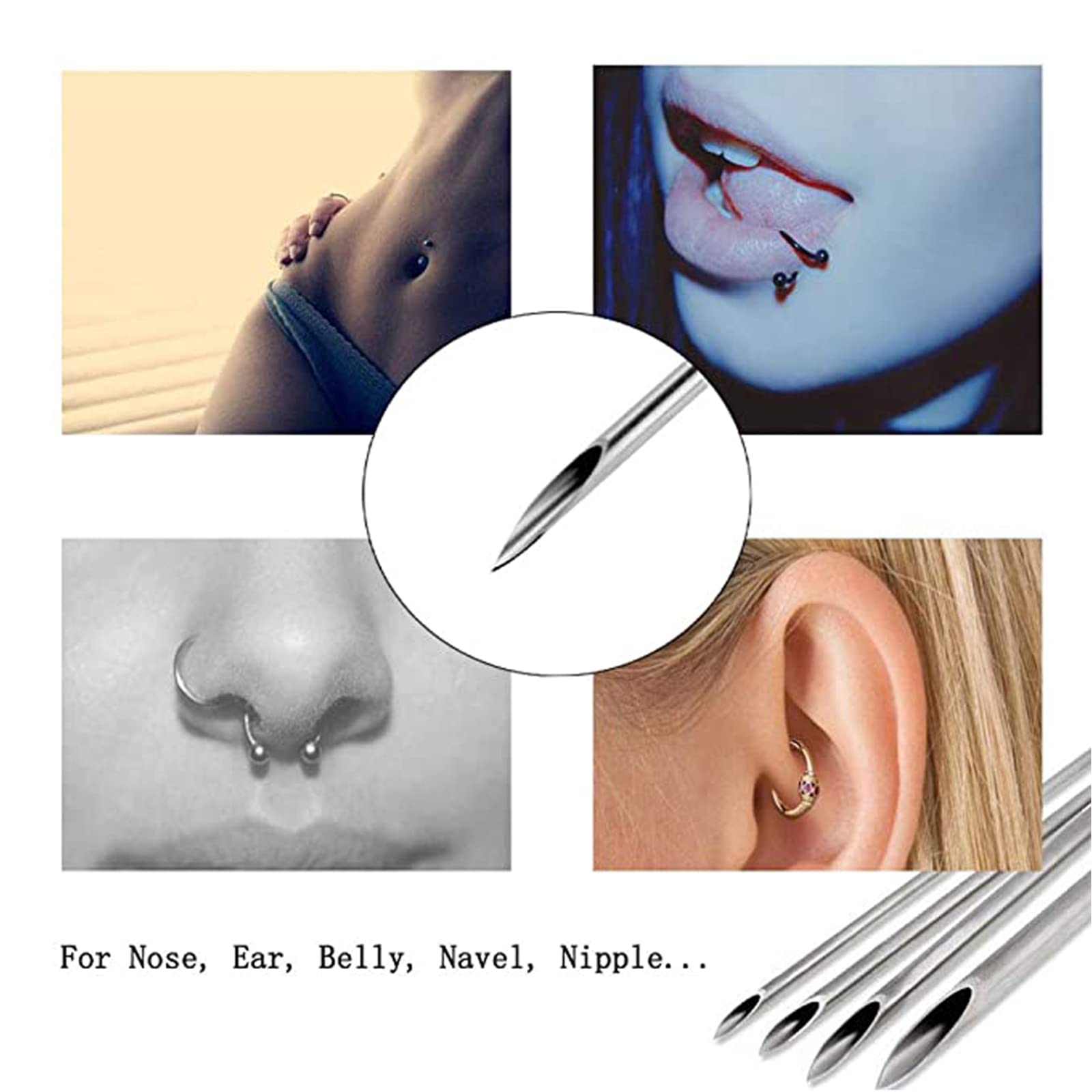 JIESIBAO 25PCS Mixed Piercing Needles, 12G 14G 16G 18G 20G Disposable Sterile Stainless Steel Hollow Piercing Needles for Ear Nose Septum Belly Tongue Eyebrow Nipple Lip Piercing