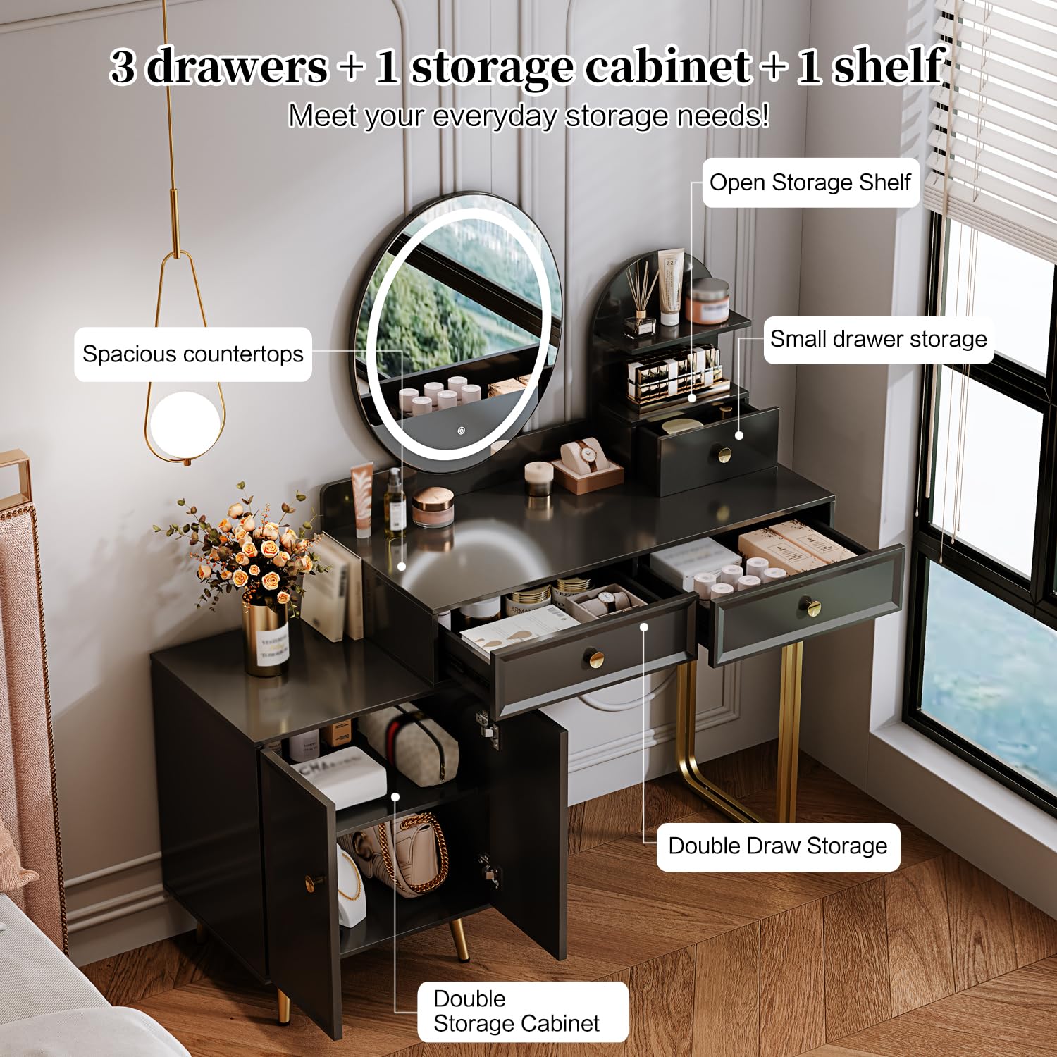 Black Modern Vanity Desk,Retractable Makeup Vanity,with LDE Mirror and 2 Spacious Drawers,Makeup Desk with Cabinet,Dressing Table with 3 Sections Silent Drawer Slides,Writing Desk