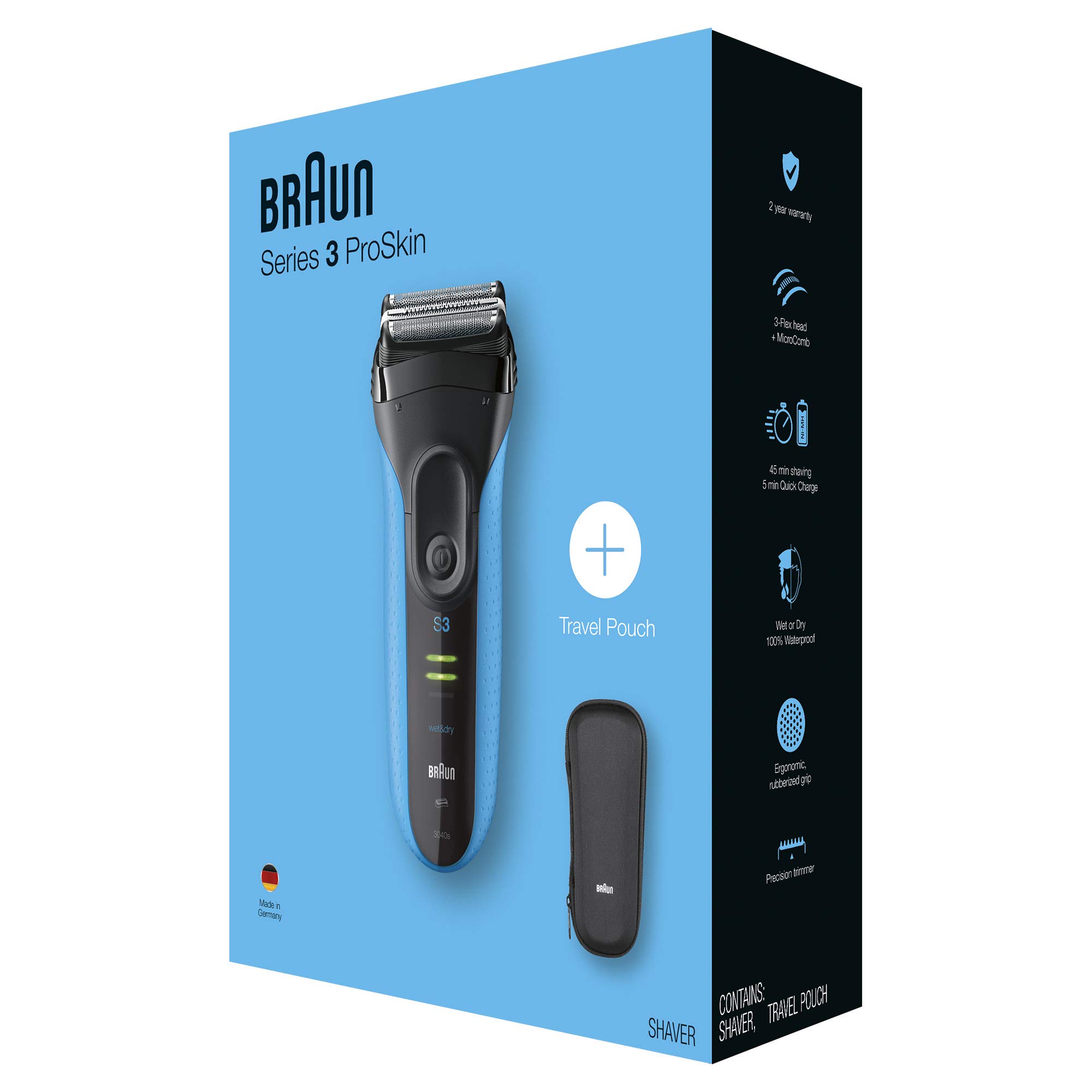 Braun Series 3 proskin 3040s wet&dry electric shaver for men / rechargeable electric razor, blue
