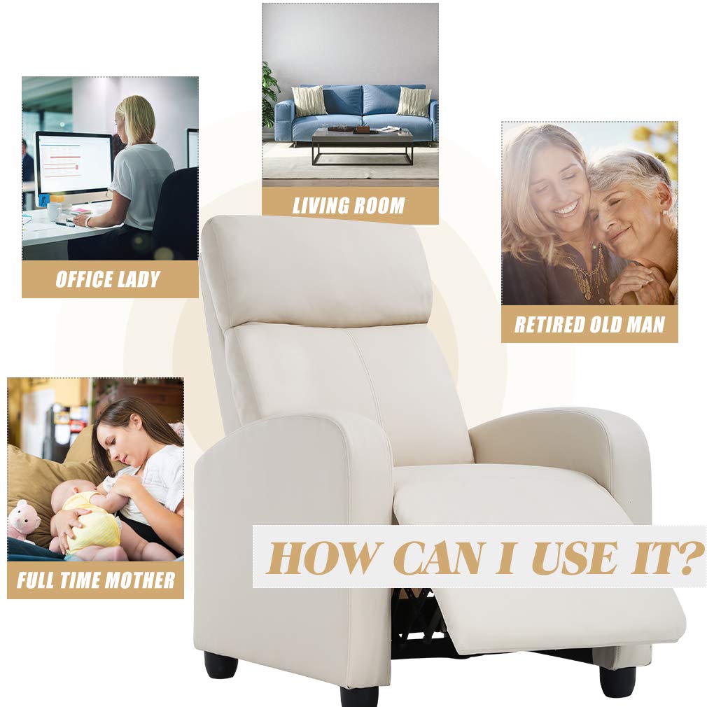 FDW Recliner Chair for Living Room Recliner Sofa Reading Chair Winback Single Sofa Home Theater Seating Modern Reclining Chair Easy Lounge with PU Leather Padded Seat Backrest (Beige)