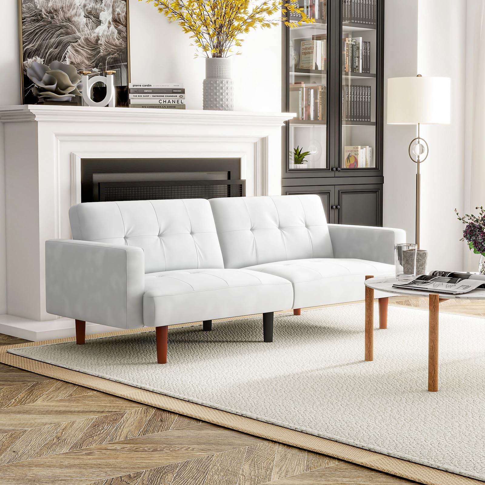 EBELLO Faux Leather Futon Sofa Couch Bed Solid Wood Legs, Convertible Sleeper Sofa Small Loveseat for Small Space Apartment, Bedroom, Living Room, Light Gray
