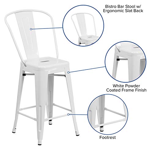 Flash Furniture Commercial Grade 24" High White Metal Indoor-Outdoor Counter Height Stool with Removable Back