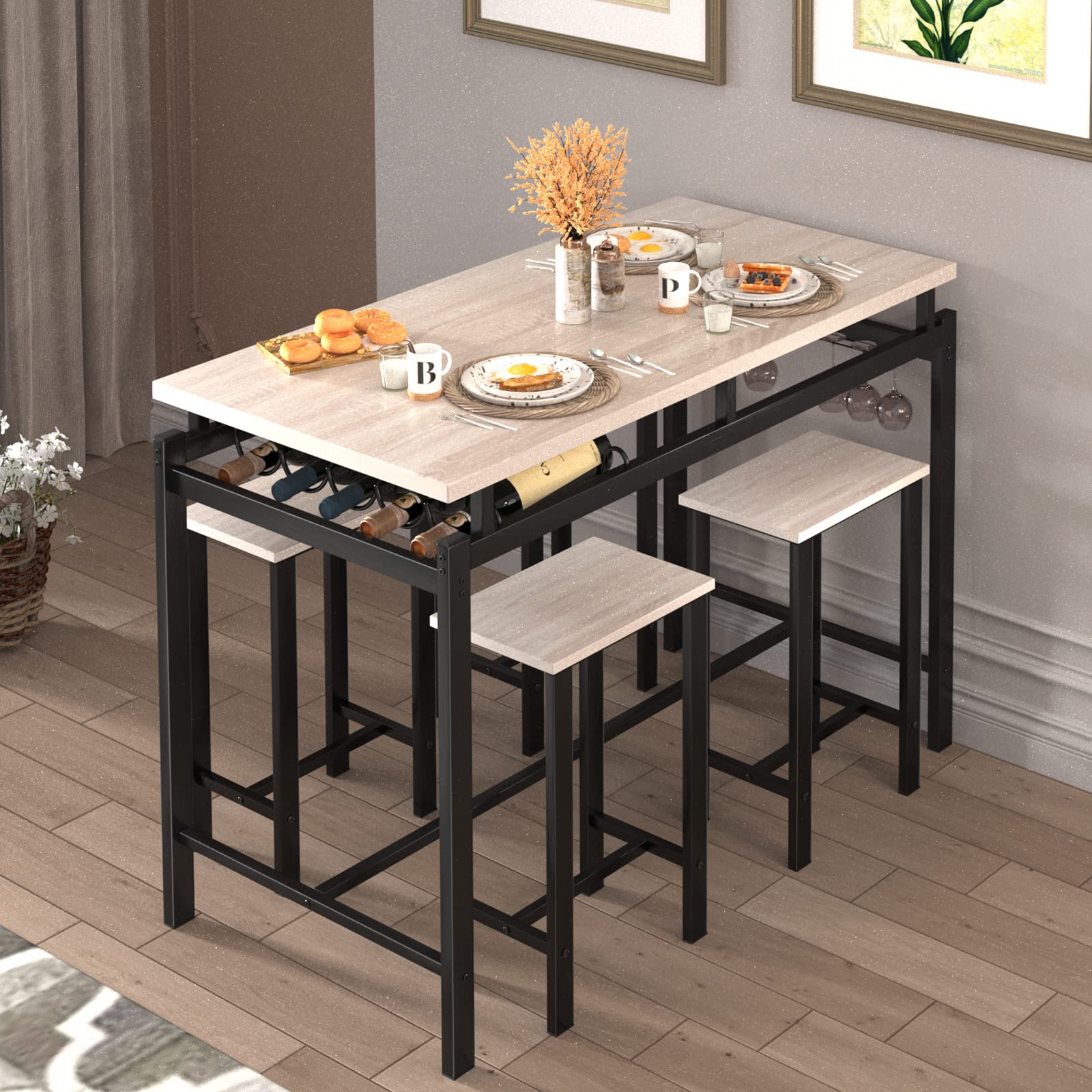 basenji Dining Table Set for 4, 5 Piece Kitchen Table and Chairs with Wine Rack and Glass Holder, Bar Table and Chairs Set Space Saving for Pub Breakfast (Oak Wine Rack)