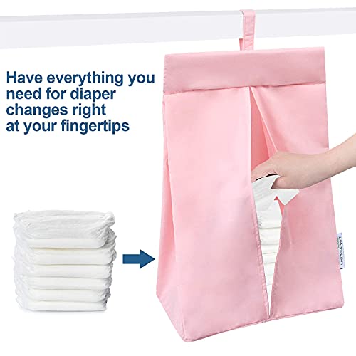 SPRINGSPIRIT Crib Skirt with Lovely Pompoms & Diaper Organizer Hanging Diaper Stacker Pink