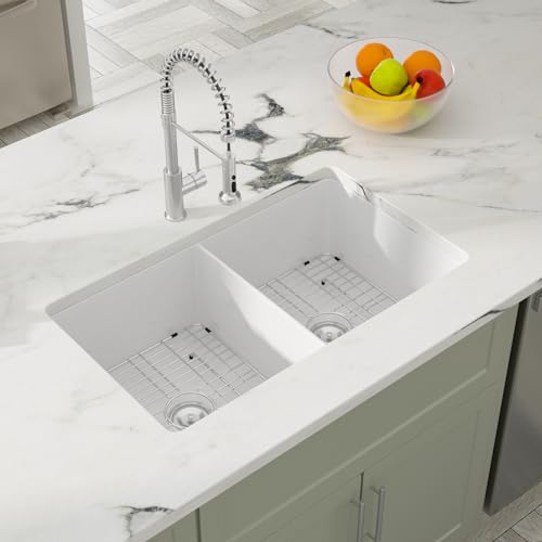 Dcolora 32 Inch White Fireclay Kitchen Sink Porcelain Double Bowl 50/50 Split Undermount Sinks Dual Mount Ceramic Sink Under Counter DC-U7737
