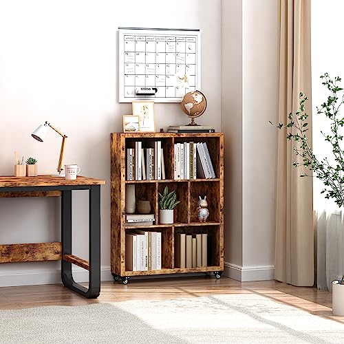 FUSUNBAO 7-Cube Style Bookshelf with Wheels Frame Industrial Style Book Storage Organizer Bookcase Floor Standing Fixed Shelves,Display Shelves Cabinet for Living Room/Bedroom/Office