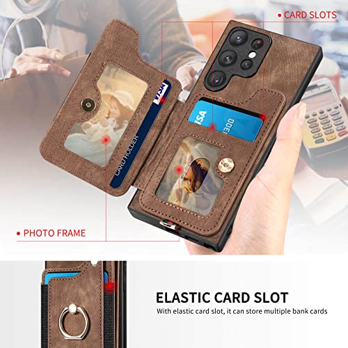 S22 Ultra Case,Card Holder Wallet for Galaxy S22 Ultra Case,Ring Holder Stand,RFID-Blocking,Wrist Strap,Camera Protector,Leather Protective Magnetic Flip Cover for Samsung S22 Ultra Case (Brown)