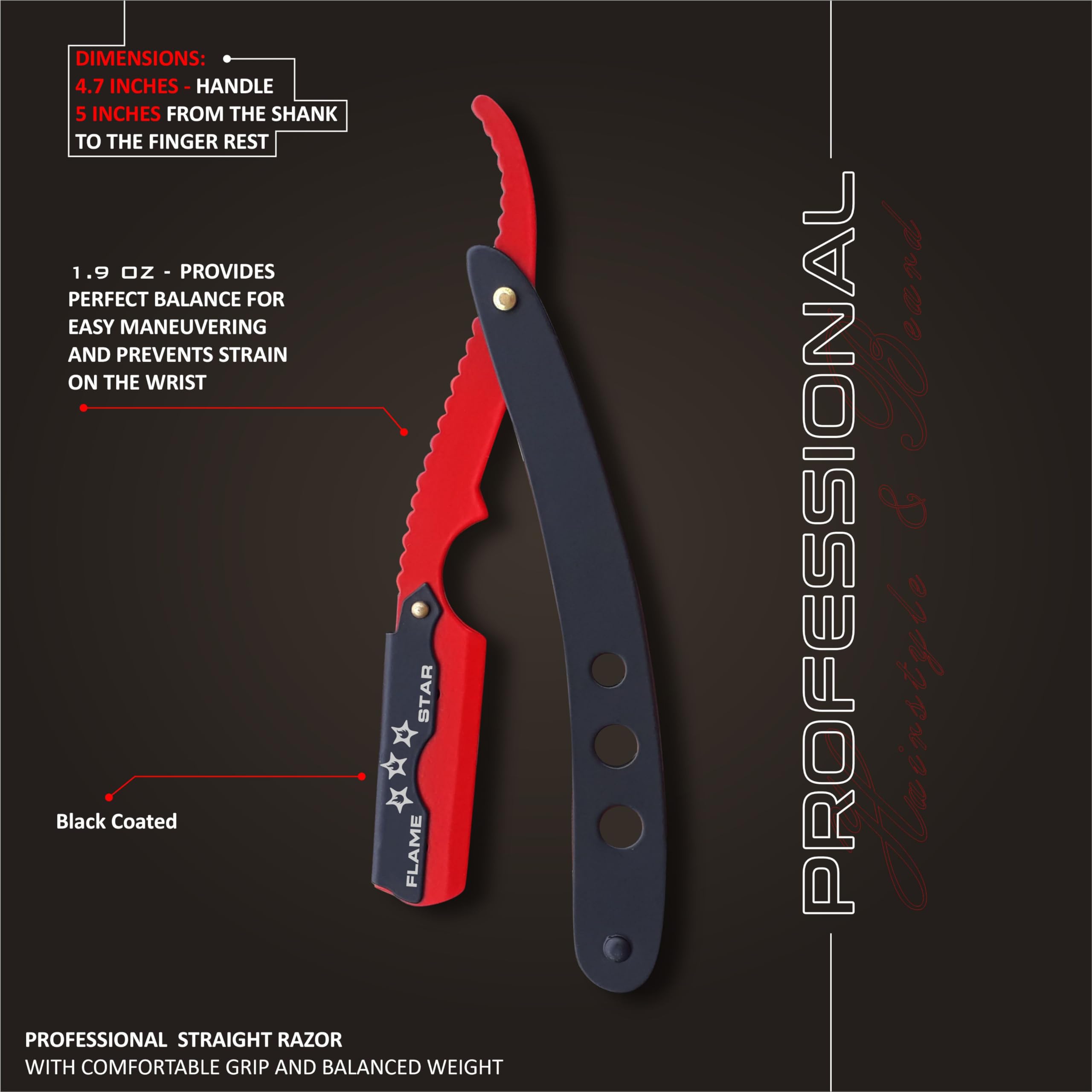 Black Red Barber Staright Edge Salon Hair Cut Razor 100% Stainless Steel with 10 Blades by "FLAME STAR"