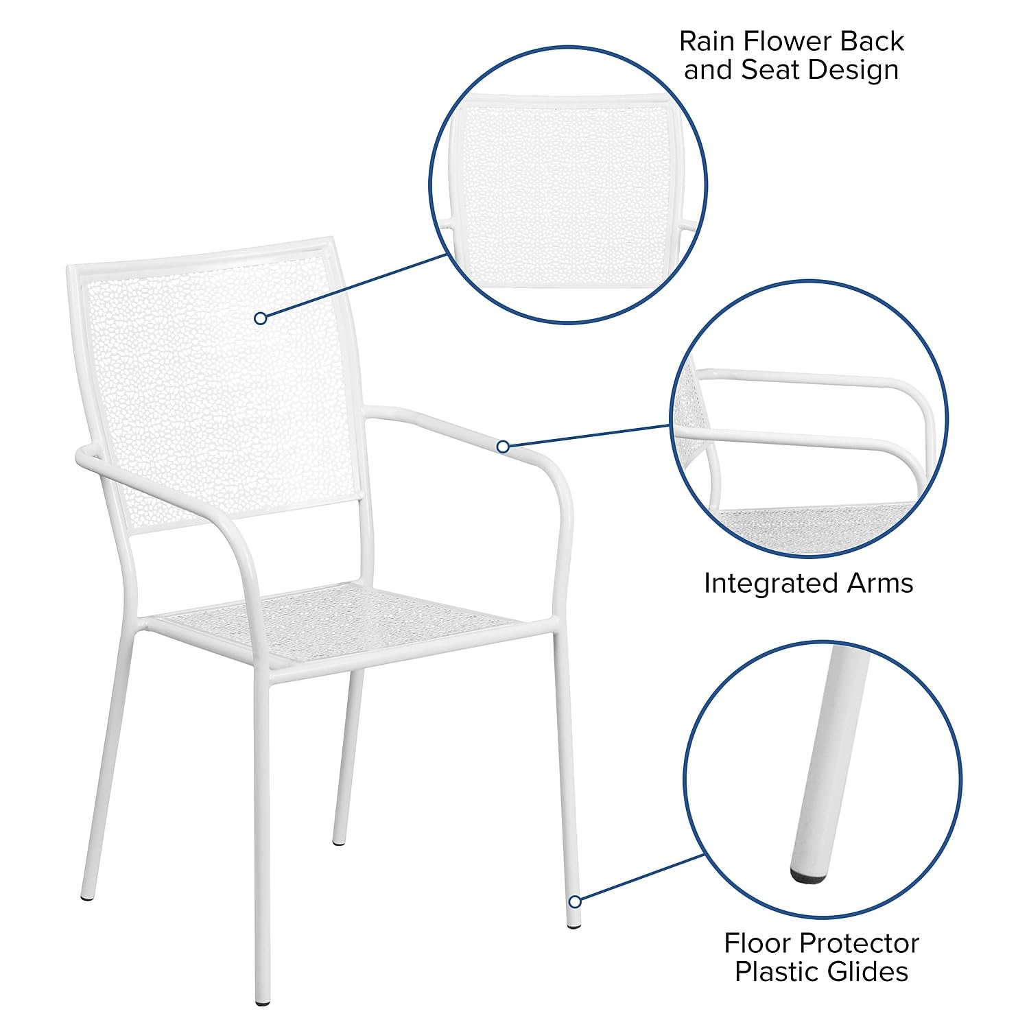 Flash Furniture Commercial Grade White Indoor-Outdoor Steel Patio Arm Chair with Square Back