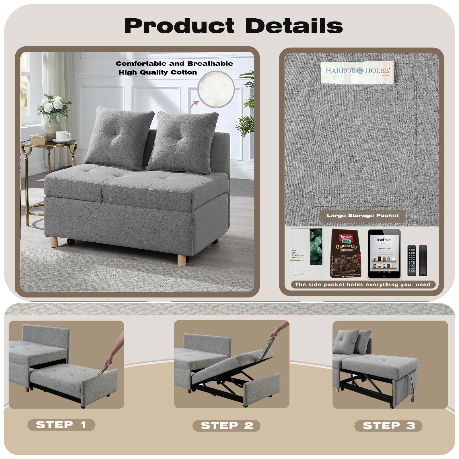 ChicFurnit Couch, 3-in-1 Convertible Sofa Bed, Linen Single Extendable Sofa with Adjustable Back, Futon Chair with 1 Lumbar Pillow, Futon Sofa Bed with 4 Small Wheels for Living Room, Dark Gray