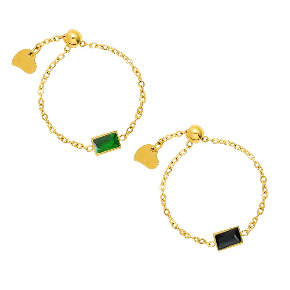Chain Ring for Fingers 18k Gold Plated Titanium Steel Dainty Simple Delicate Thin Stack Adjustable Ring with Zircon, 2 Pack (Black & Green, Adjustable)