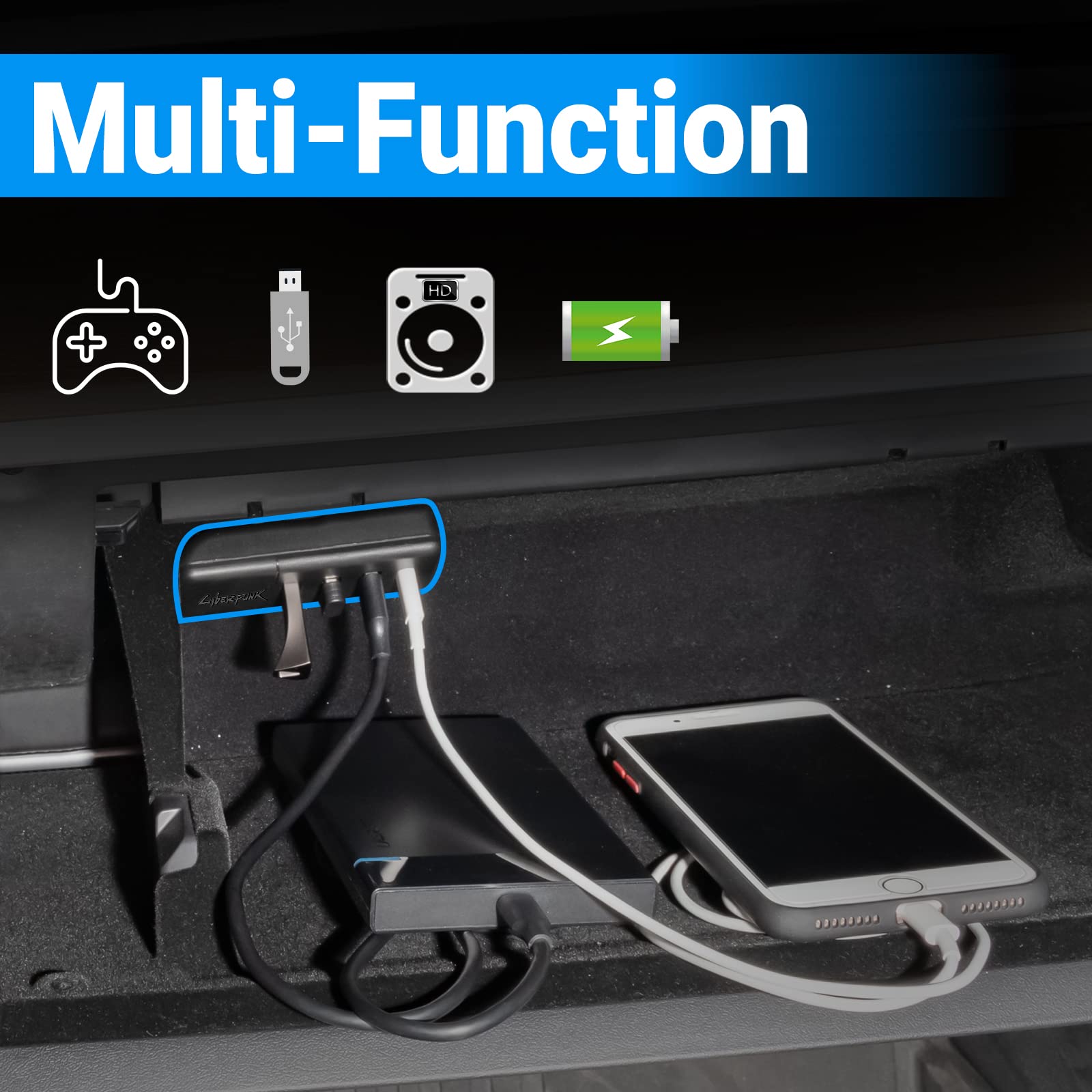 Klutchtech 2021 2022 2023 2024 Model 3/Y Glove Box USB Hub, 4-in-1 USB Hub Glove Box Dash Cam Flash Drive Docking Station Compatible with Model Y Model 3 Accessories -Convex