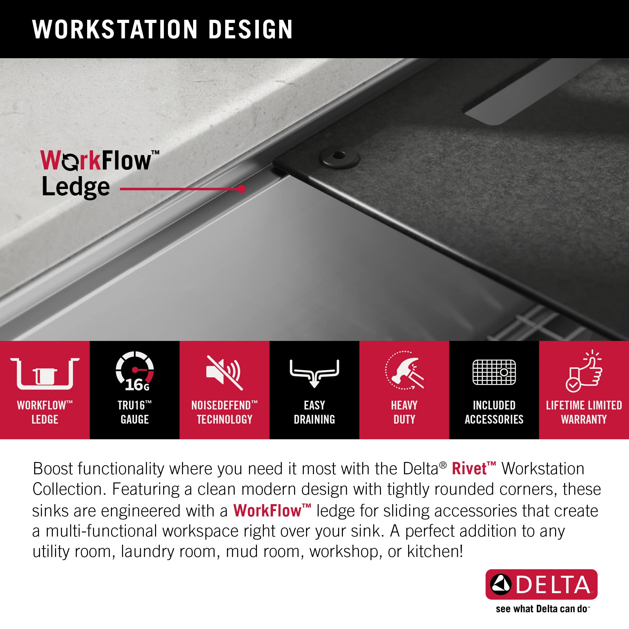 DELTA FAUCET Rivet 24-inch Workstation Laundry Utility Kitchen Sink Undermount 16 Gauge Stainless Steel Single Bowl with WorkFlow Ledge and a Kit of 5 Accessories, 95B9031-24SL-SS