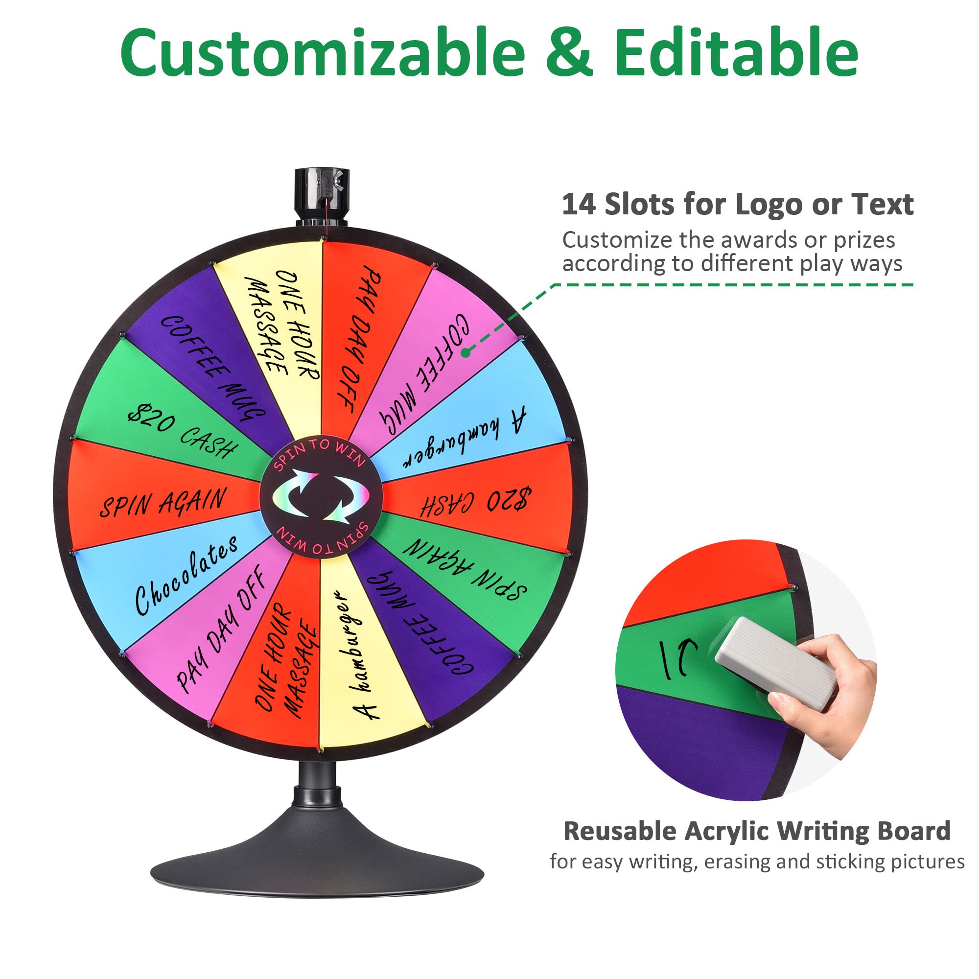 WinSpin 24 Inch Heavy Duty Prize Wheel Dual Use Adjustable Tabletop and Floor Stand Fortune Wheel with Dry Erase Marker & Eraser 14 Slots Spinning Wheel for Carnival Spinner Game and Tradeshow