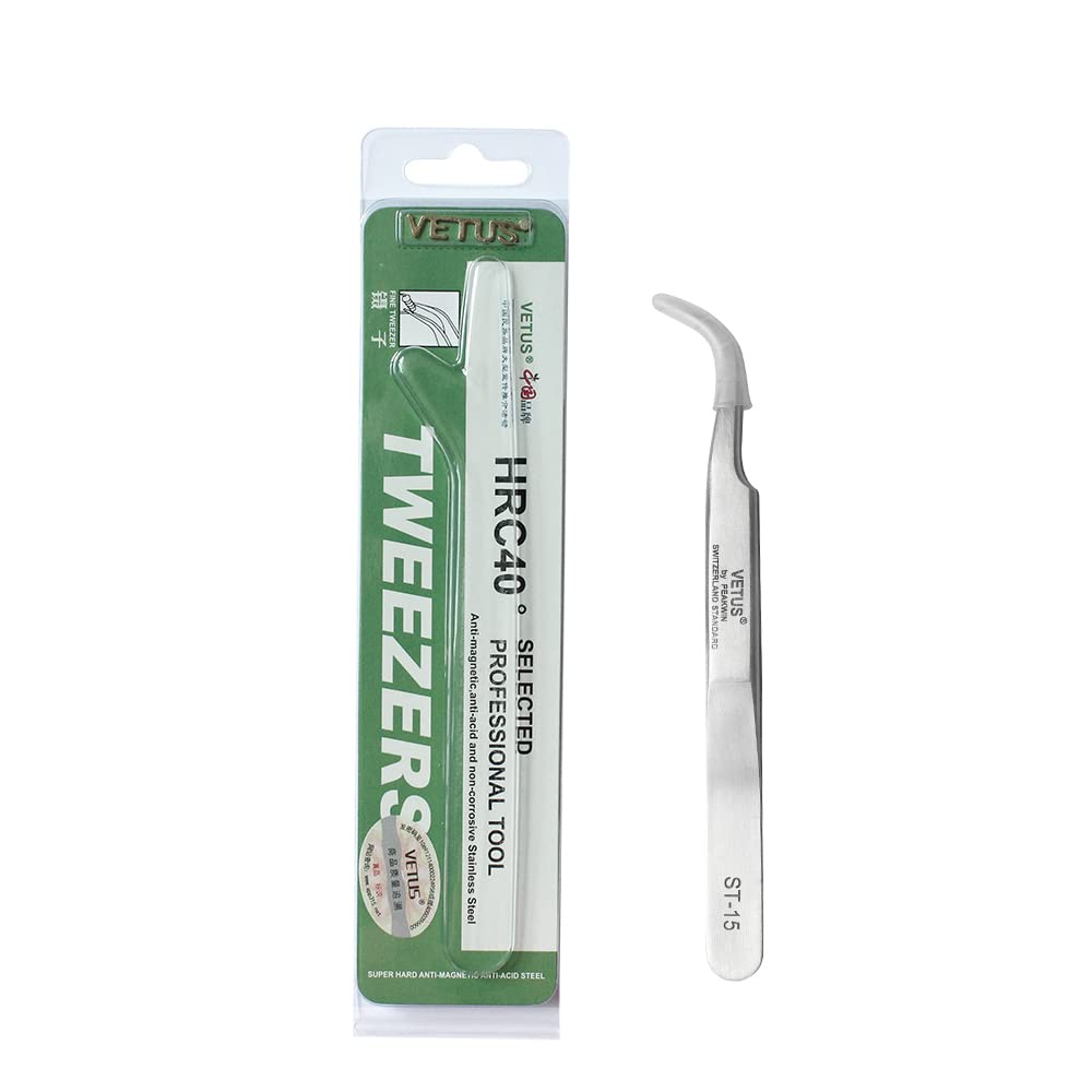 Vetus Tweezer Non-magnetic Stainless Steel Curved Slant Tip Eyelash Eyebrow Tool ST-15
