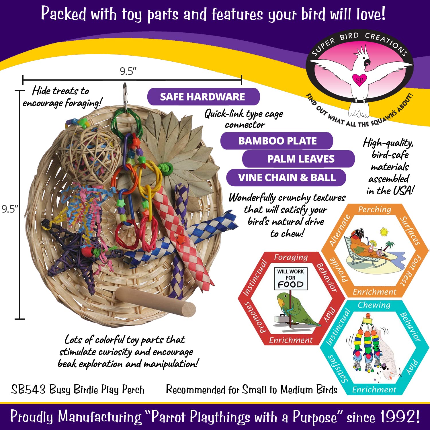 Super Bird Creations SB543 Busy Birdie Play Perch Bird Toy, Small/Medium Bird Size, 9.5" x 9.5" x 6"