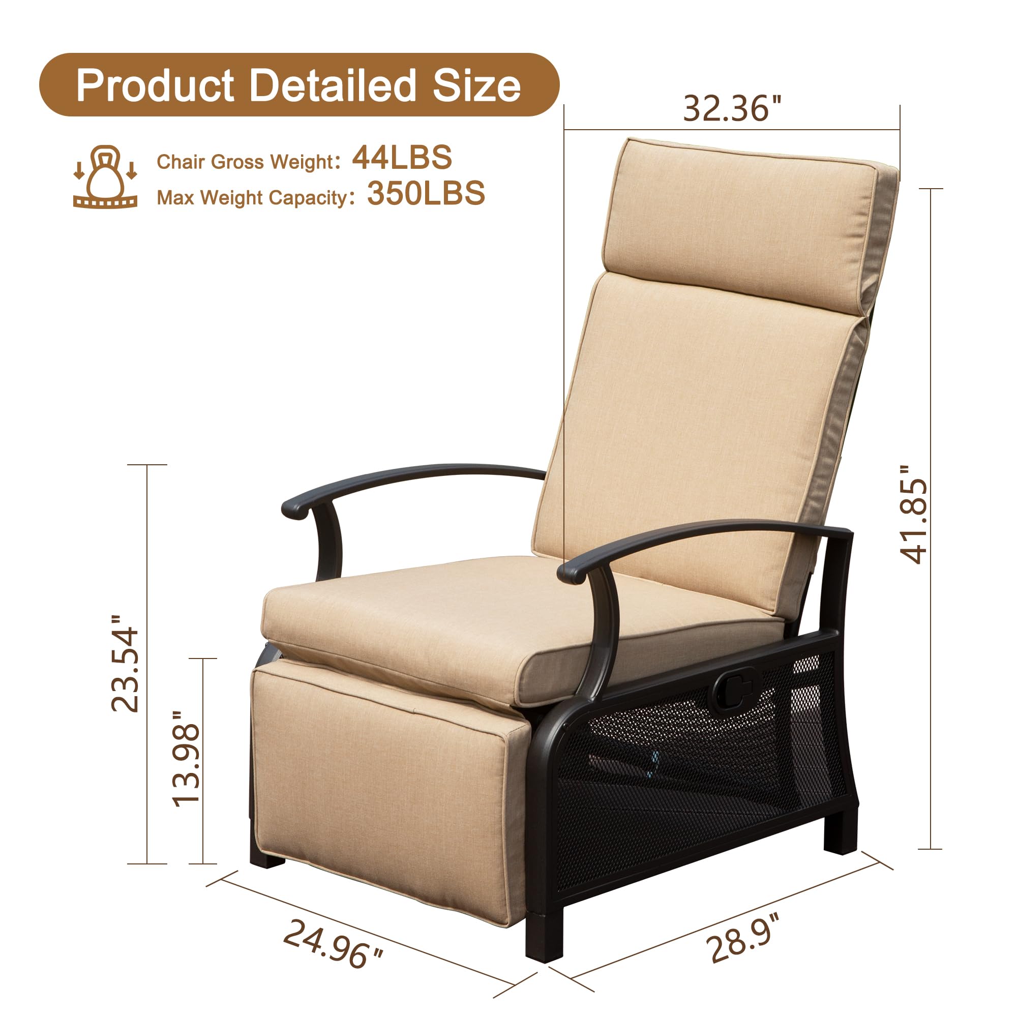 Domi Adjustable Patio Recliner Chair Metal Outdoor Lounge Chair with Flip Table Push Back, Adjustable Angle, Removable Cushions, Support 350lbs, Beige