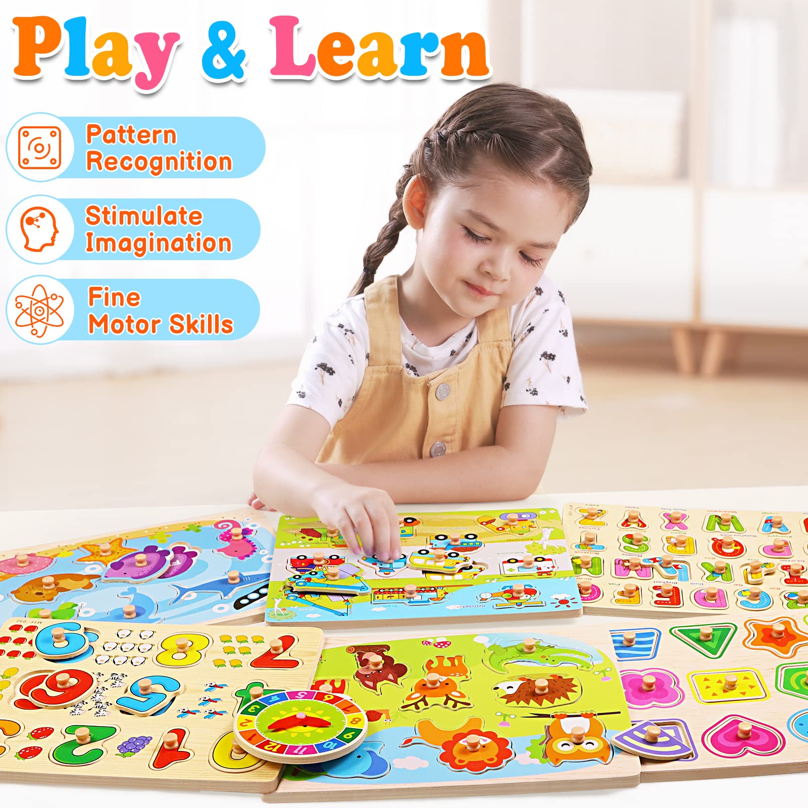 Puzzles for Kids Age 2-4 with Rack and Wooden Clock, 6 Pack Wooden Peg Puzzles for Toddlers with Storage Holder Rack, Educational Toys - Alphabet Number Animal Vehicle Shape