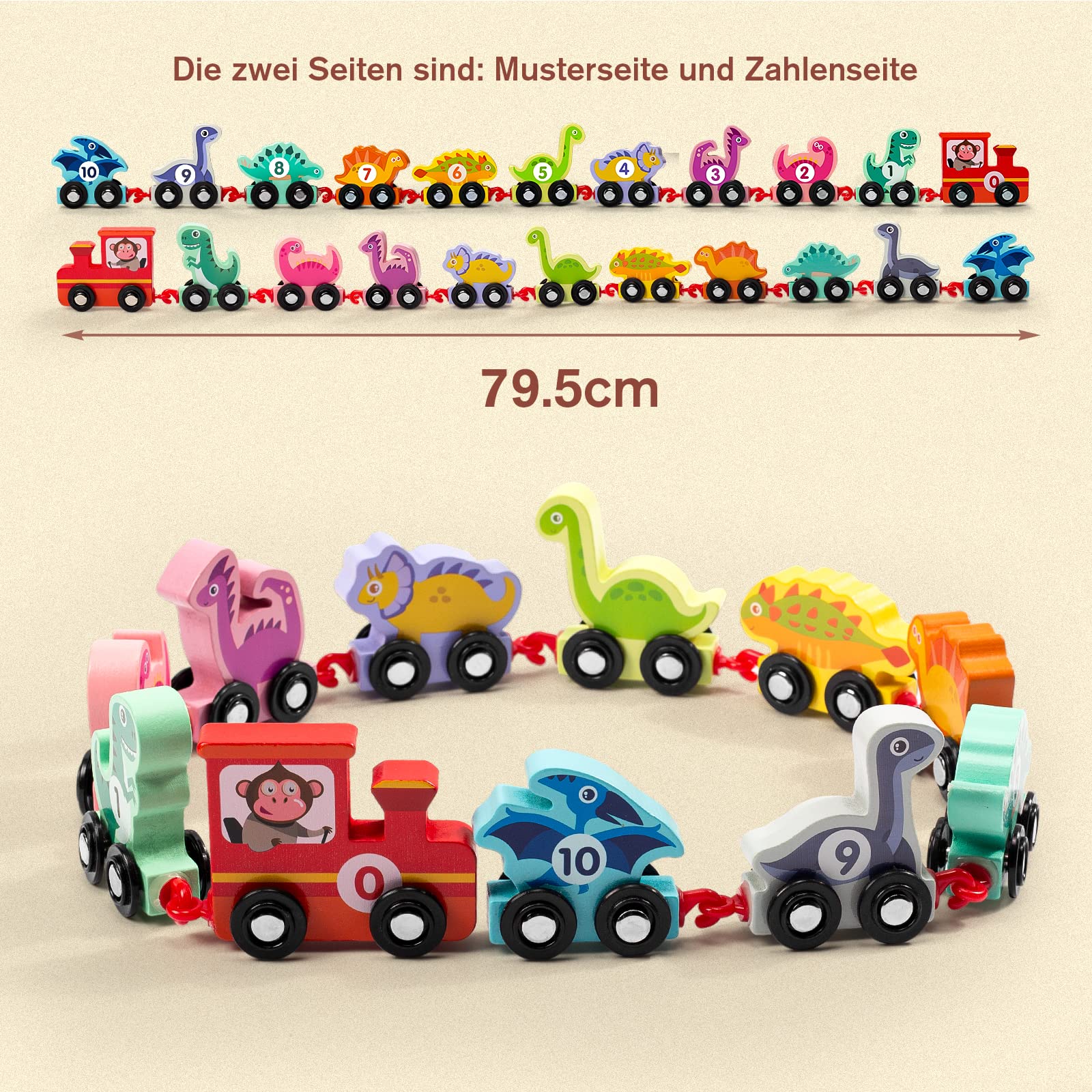 Wooden Dinosaur Numbers Train Game for Toddlers 3 Years Old,Early Education Learning Calculation Block Kit Toys for Boys & Girls Birthday Gift.
