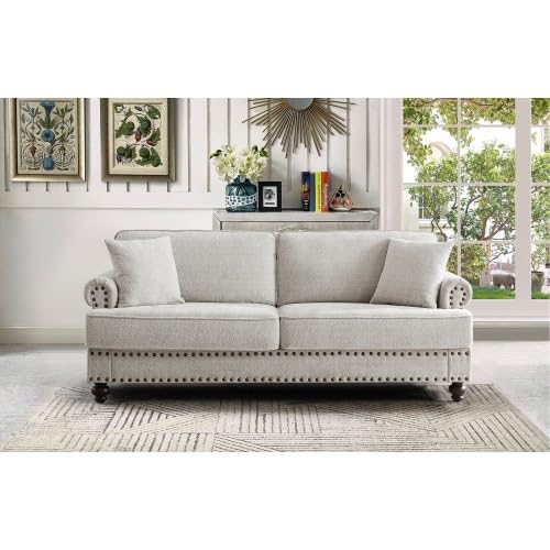 DSXCde Modern Chenille Upholstered Sofas, Sectional Loveseat 2 Seater Couches with Nails and Armrests for Apartment Bedroom Home Office,White