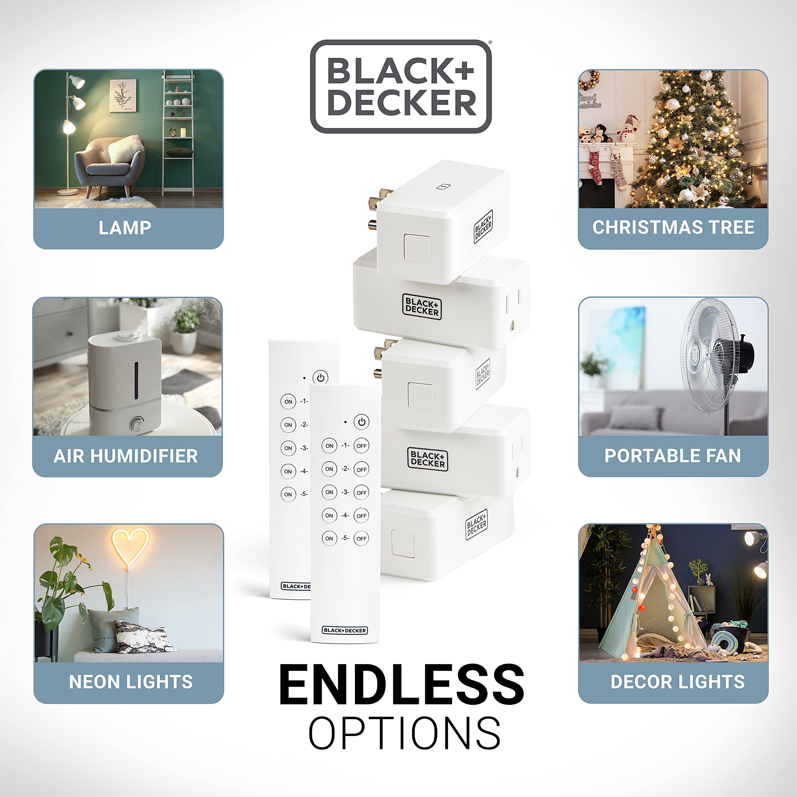 BLACK+DECKER Wireless Remote-Control Outlet, Pack of 5 Outlets, 2 Remotes - Premium Light Switches