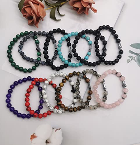SAMOCO 12Pcs Healing Stone Beaded Bracelets for Women Men Semi-Precious Gemstones Bracelets Crystal Cross Beaded Bracelet Unisex Adjustable Stretch Bracelets 8MM