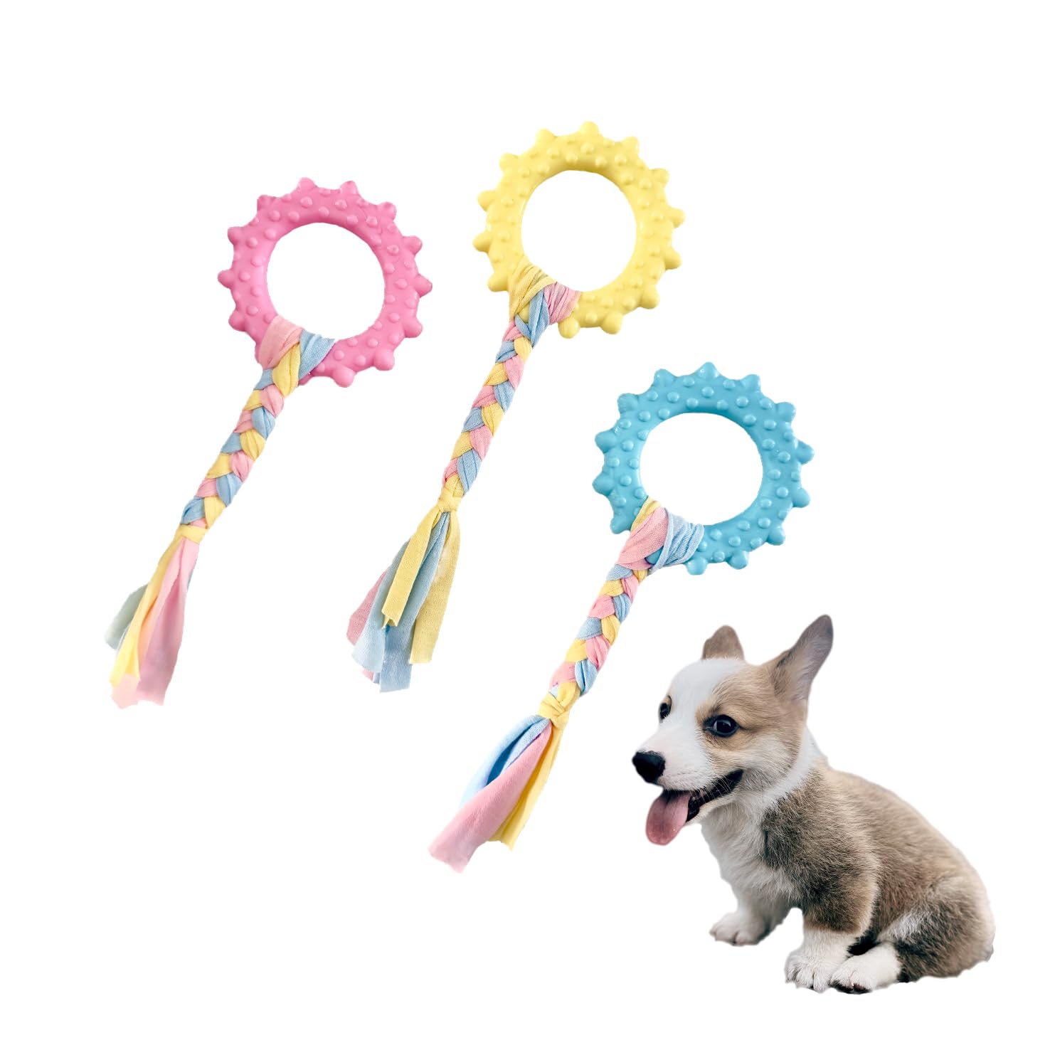 Figgy House 3 Pack Colored Puppy Toys for Teething Soft Dog Chew Toys for Beagle, Corgi, French Bulldog, Chihuahua or Under 10 lbs Puppies Interactive Rubber Teething Toys Birthday Gift Set