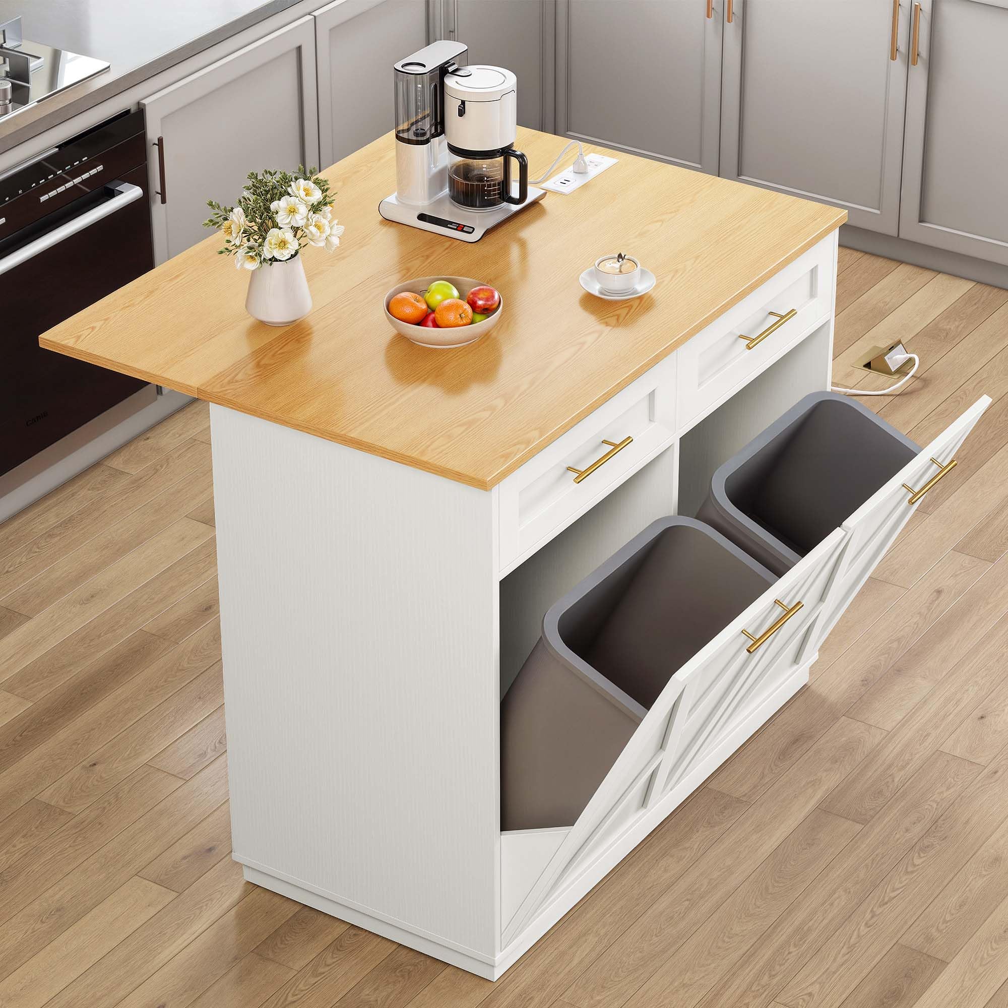 DWVO Kitchen Island with Double Tilt Out Trash Can Storage Cabinet & Drop Leaf, Rolling Portable Islands Table with Power Outlet Wheel Drawer Hidden 10 Gallon Garbage Bin Storage, White Oak