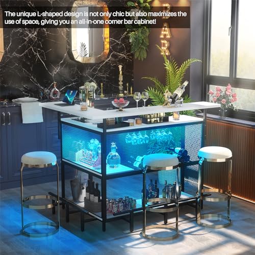 Hyomdeck L Shaped Home Bar Unit with Power Outlet & LED Light, Corner Bar Cabinet with Footrest, Wine Bar Cabinet with Glass Holder and Liquor Rack, Bar Table for Dining Room, Kitchen, Basement, White