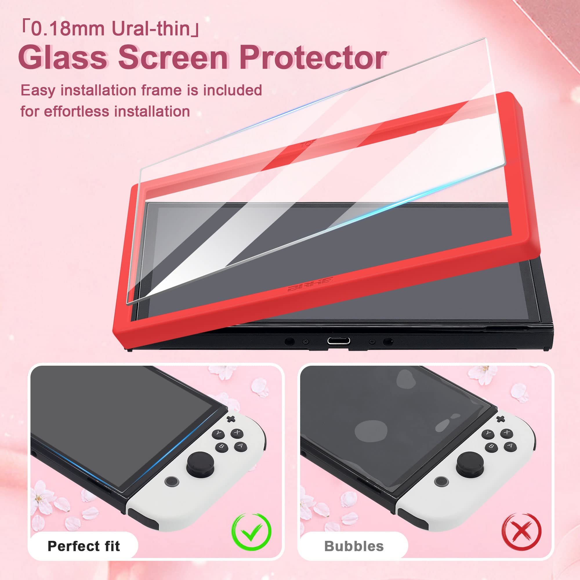 BRHE Cute Dockable Case Compatible with Nintendo Switch OLED 2021 [New Upgrade] Protective Grip Skin Cover with Tempered Glass Screen Protector and Thumb Stick Caps (Pink)