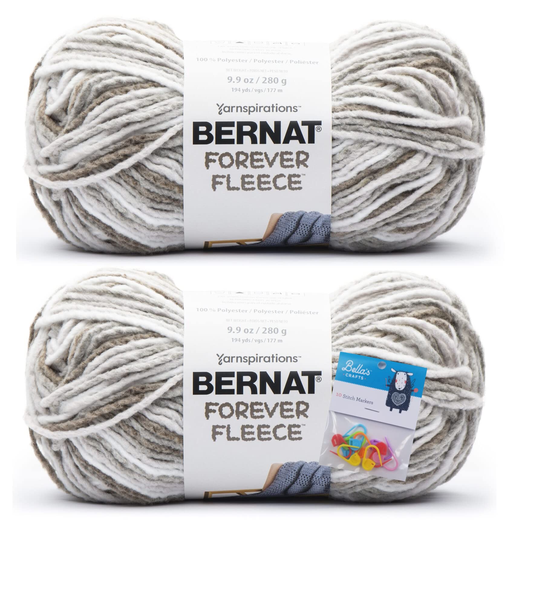 Bernat Yarn Bernat Forever Fleece Yarn, Super Bulky 6, Big Ball 9.9 Oz, 2-Pack Bundle with Bella's Crafts Stitch Markers (Latte)