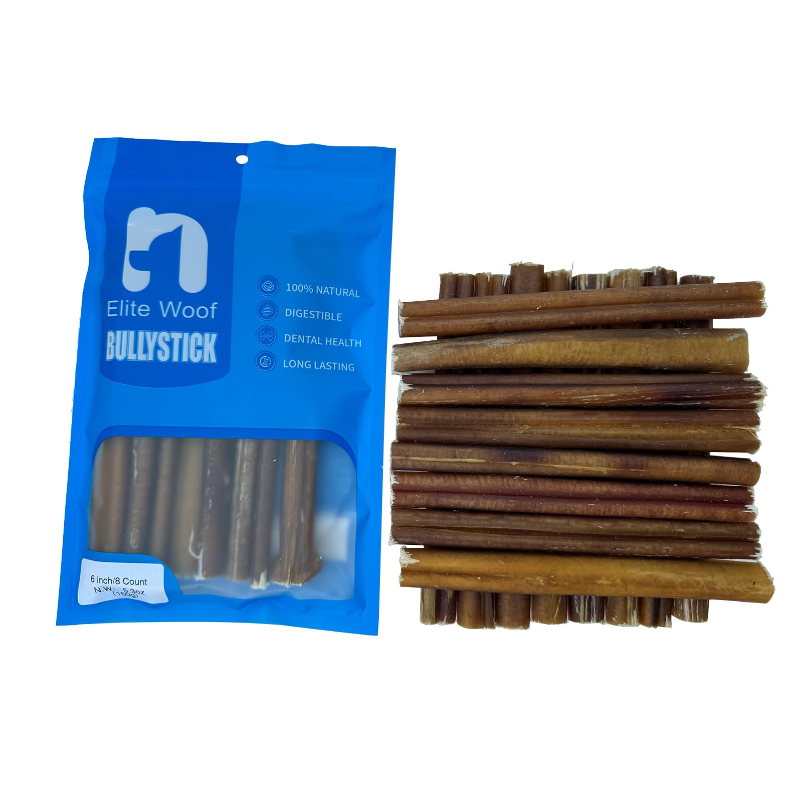 Elite Woof Bully Sticks for Dogs, Standard Size (6", 8Pcs) Rawhide Free Dog Chews Long Lasting Non-Splintering Pizzle Sticks - Low Odor Bully Sticks for Small Medium Dogs(8-32Pack Selectable)