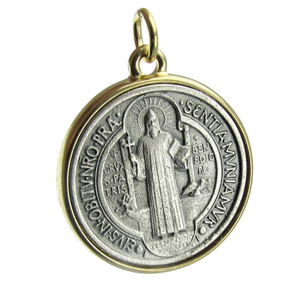 Bling Cartel Medalla De San Benito Saint St Benedict Two Tone Medallion Antiqued Silver & Gold Finish 35mm Medal