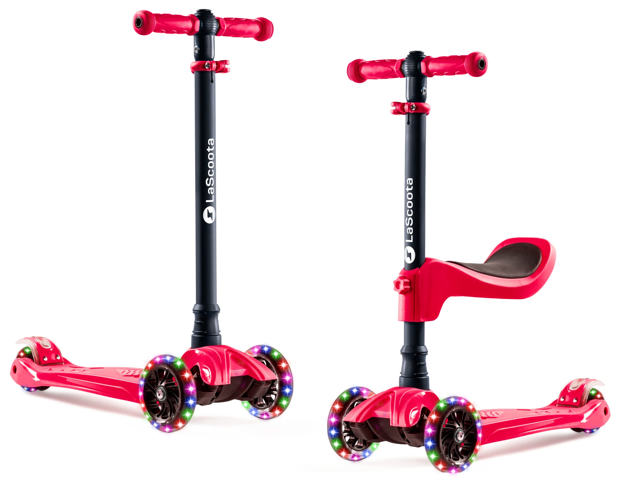 LaScoota 2-in-1 Kids Kick Scooter, Adjustable Height Handlebars and Removable Seat, 3 LED Lighted Wheels and Anti-Slip Deck, for Boys & Girls Aged 3-12 and up to 100 Lbs.