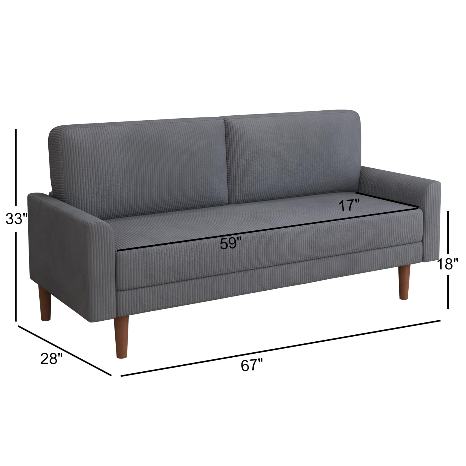 EBELLO 67" Corduroy Modern Sofa Couch, Cozy Comfy Overstuffed 2 Seat Loveseat Couch Sofa with Solid Wood Feet, Soft Padded Seat Small Living Room Futon for Apartment, Gray