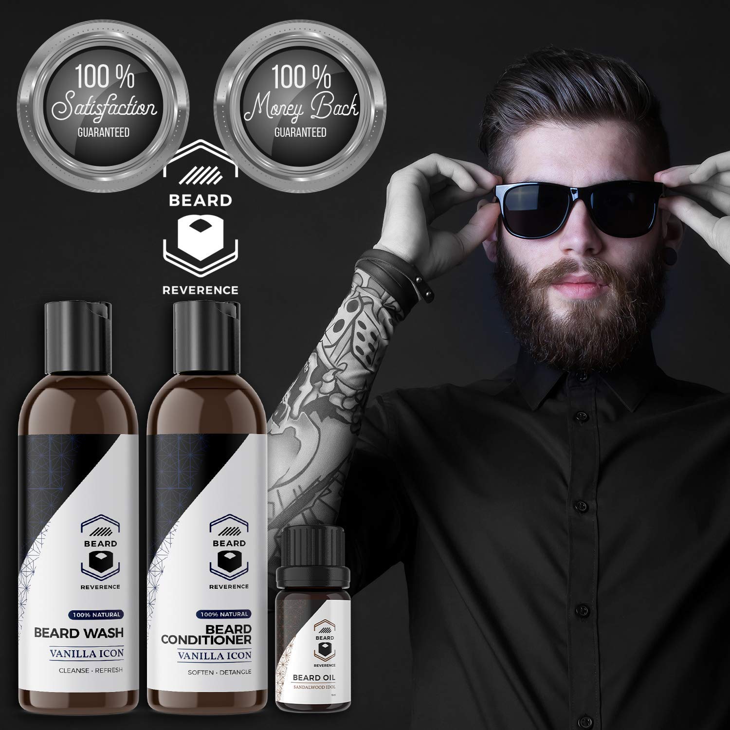 Beard Shampoo & Conditioner Set β Includes Free Beard Oil - All Natural Beard Care Softener for Beard Growth w/Argan and Jojoba Oils - Vanilla Scent β 5oz each