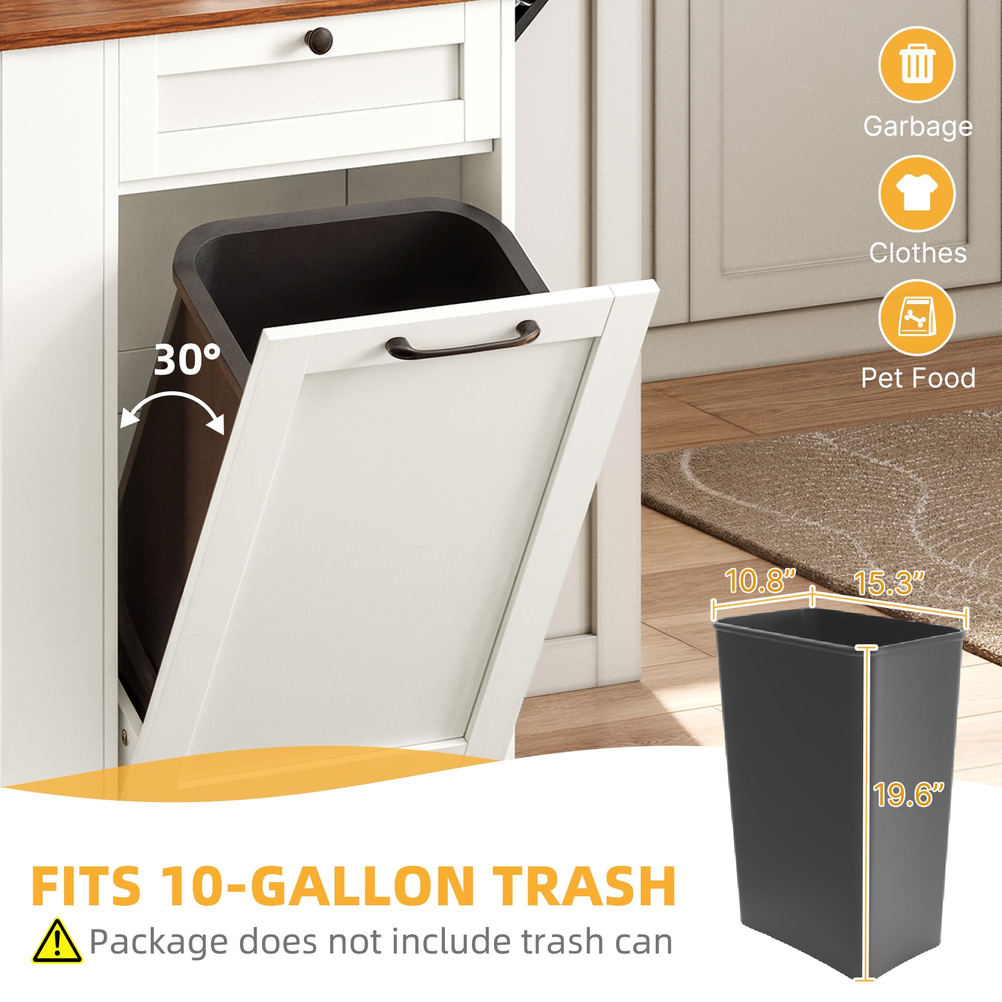 DWVO Trash Can Cabinet with Storage Cabinet & Drop Leaf, Tilt Out Trash Cabinet Hidden Garbage Bin Cabinet Freestanding Wooden Trash Bin Cabinet w/Drawer, Off White