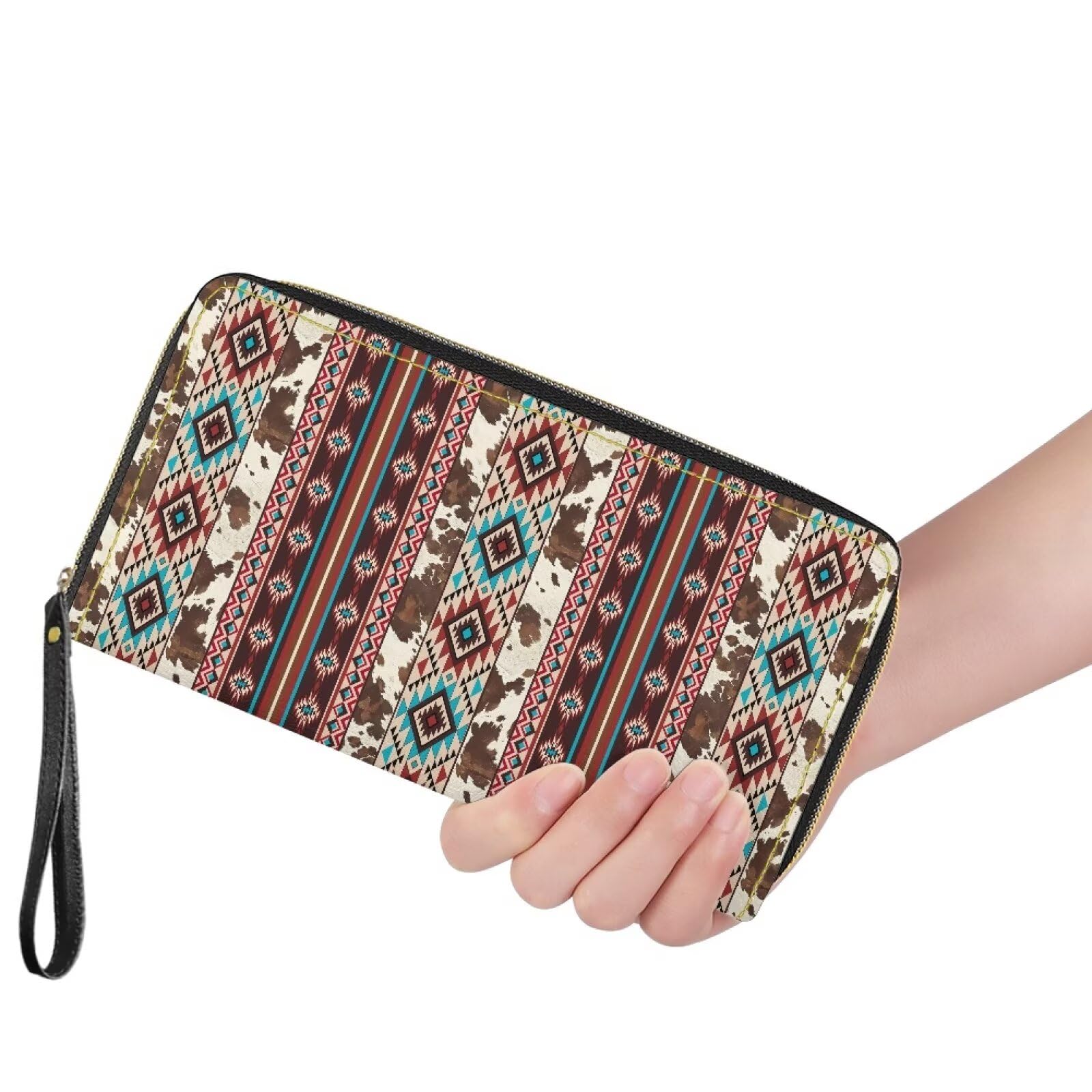 Wanyint Women Wallet with Wristlet Strap Aztec Native American Navajo Southwest Indian Tribal Stripe Print RFID Blocking Handbag Purse Leather Clutch Bag for Lady