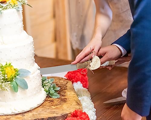 POMINEL Wood Cake Stand with Cake Cutting Set Wooden Cake Stands Rustic Wedding Cake Stand Wood Slice Cake Stand for Dessert Table, Plant Display for Family Gartering, Wedding Receptions