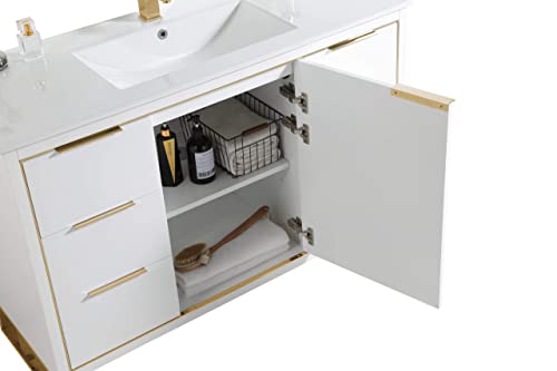 Fine Fixtures Opulence Collection 48 in. W x 20 in. D x 33 in. H Bathroom Vanity in White Matte with White Ceramic Sink - Satin Brass Hardware