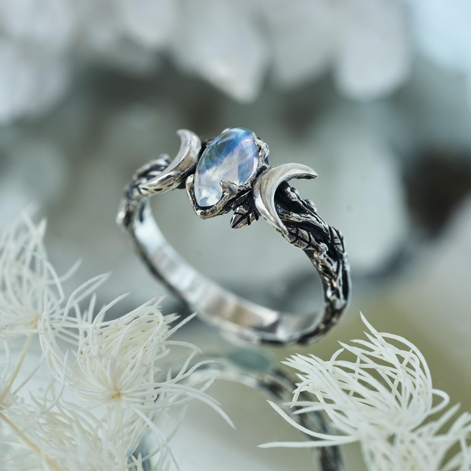 BlackTree 925 Sterling Silver Moonstone Ring Soma β Marquise Shape Rainbow Moonstone Handmade Rings, Celestial Jewelry Engagement Rings for Women (10 US)