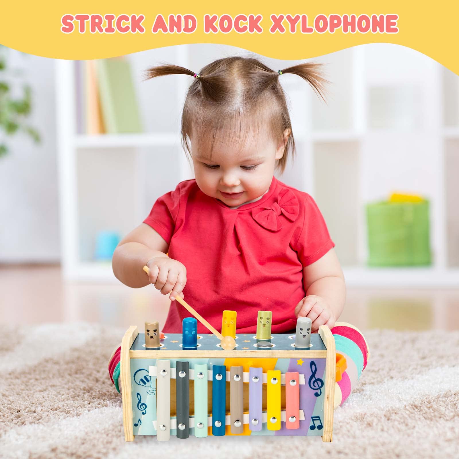 kogabanny Wooden Hammering Toy, Educational Pegs Pound Maze Puzzle Number Sorter Musical Toy with Xylophone, Hammers, Mallets, for Kids